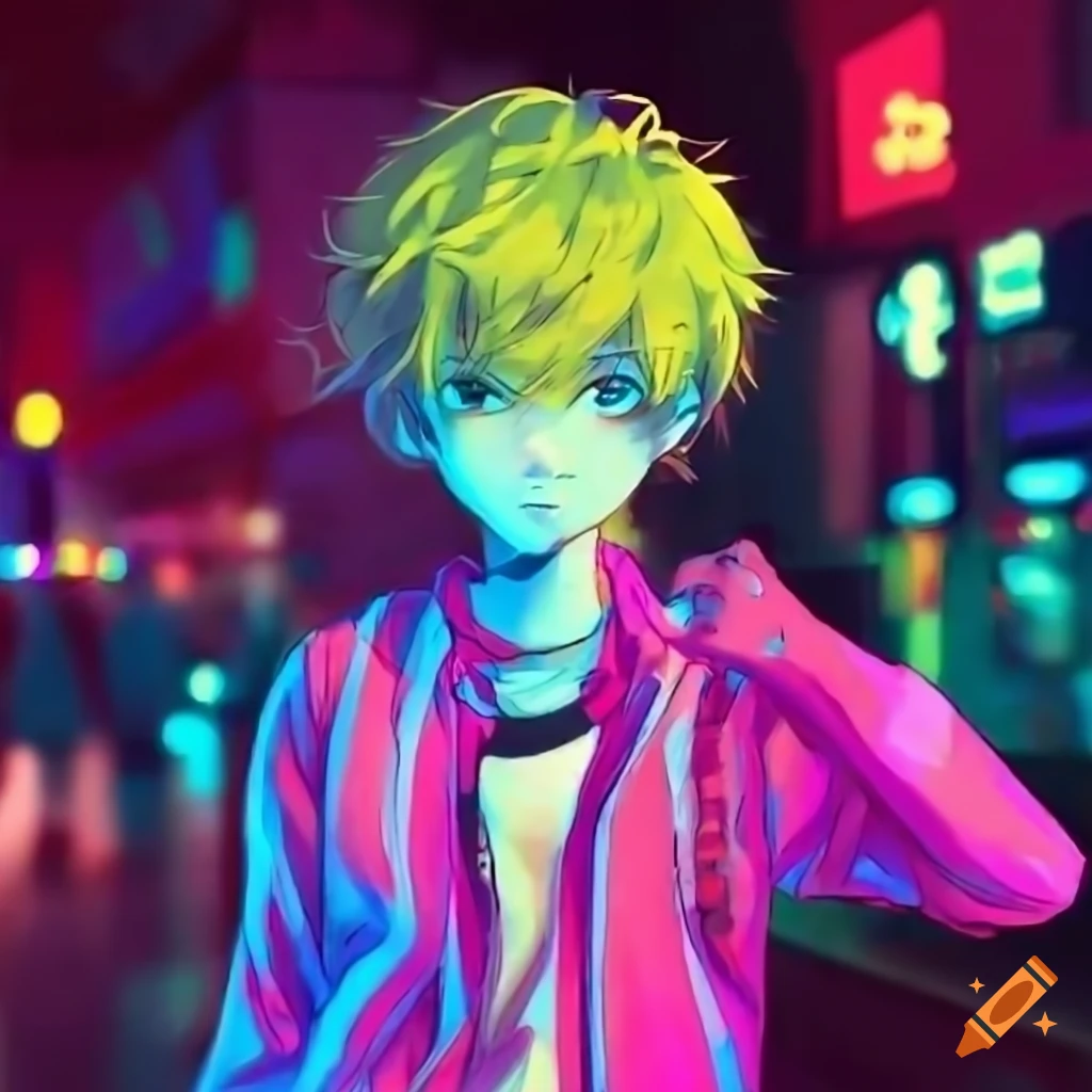 Arcade dancer boy in neon pose with arcade jacket in anime style on Craiyon