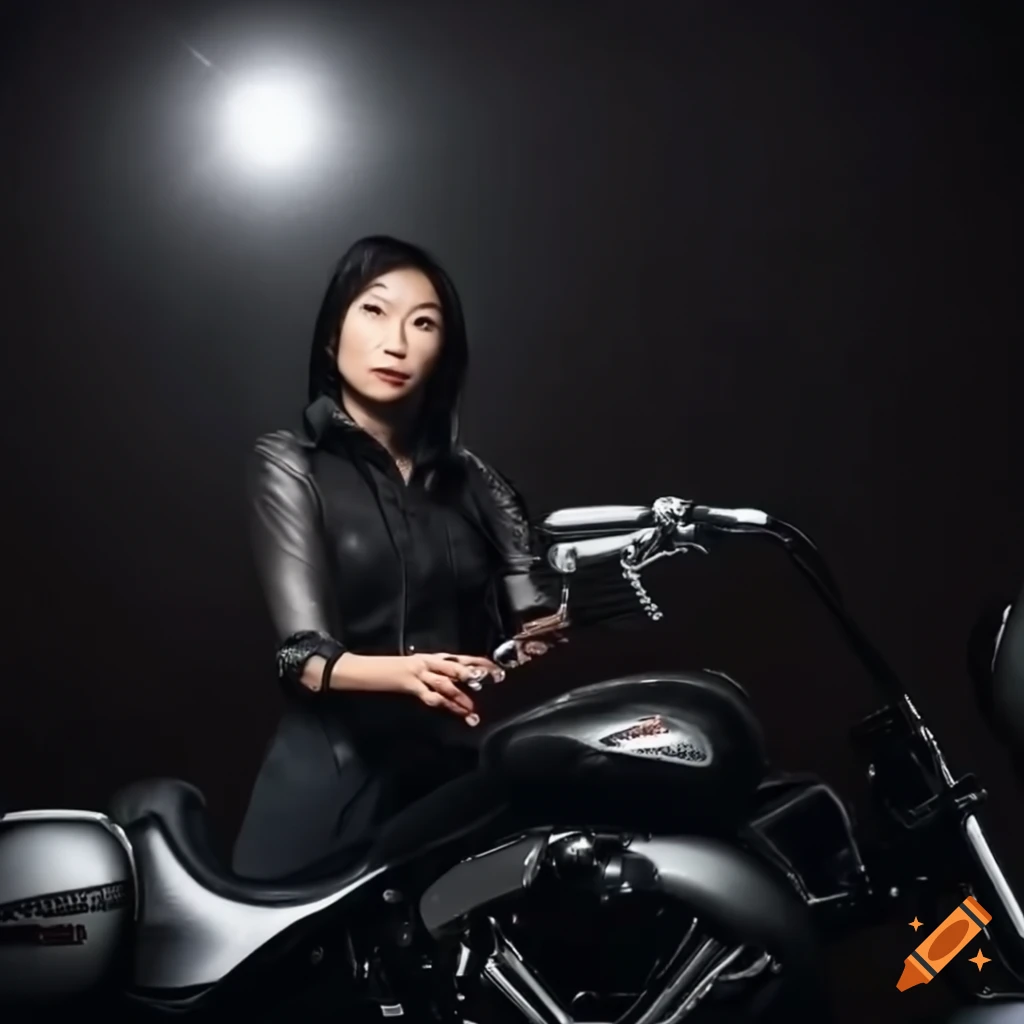 Empowered Asian woman confidently working on a Harley Davidson ...