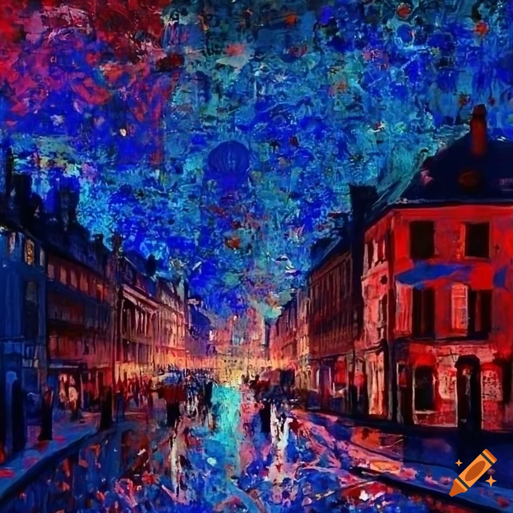 French city street in abstract style with red and blue splatter paint ...