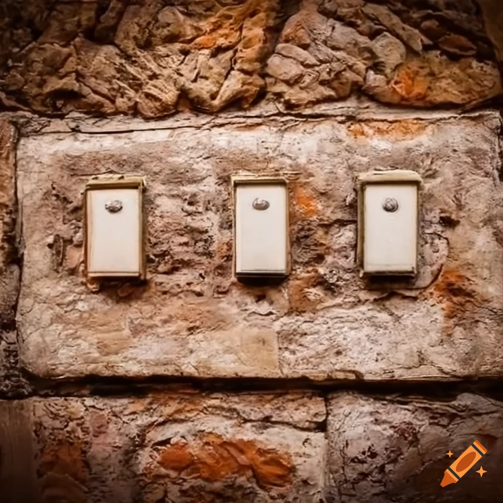 Vintage switches on rustic decor mounted on stone wall on Craiyon