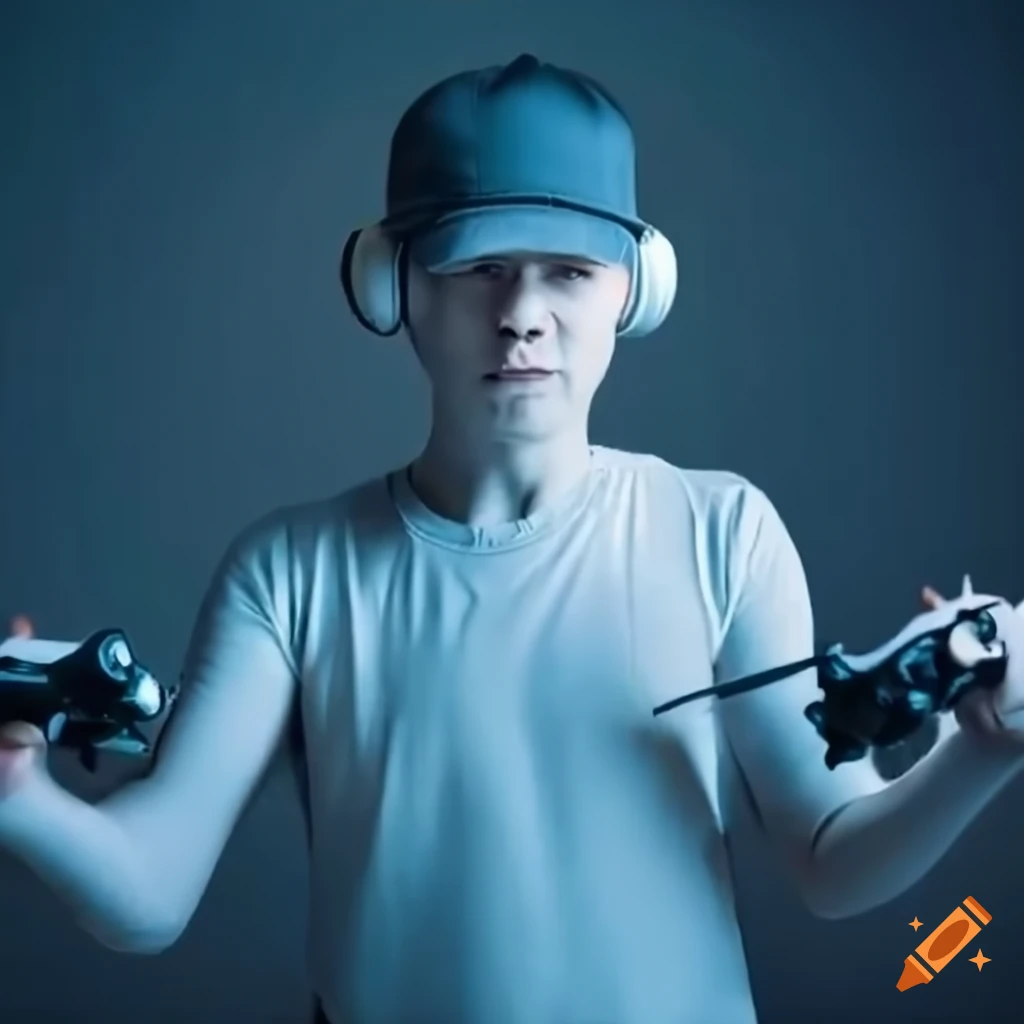 White man with snapback playing video games with headphones on Craiyon