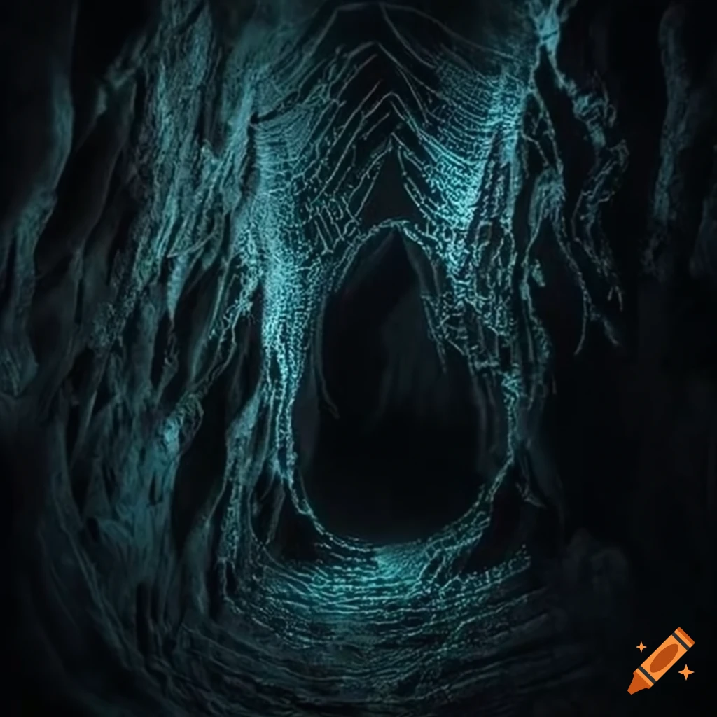 Dark creepy cave filled with intricate spider webs on Craiyon
