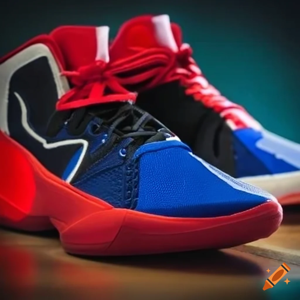 Red, white, blue, and black color block basketball shoes on Craiyon