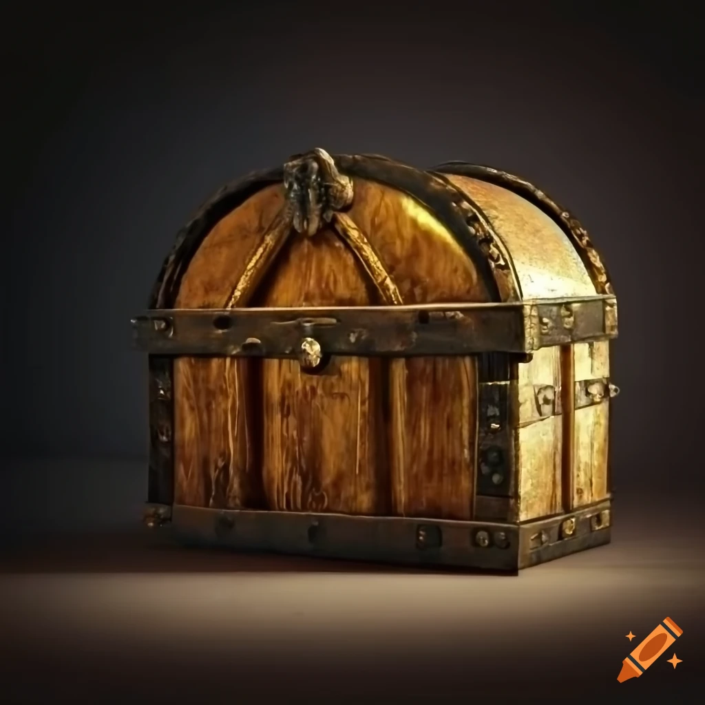 Small golden and very old chest in a dark narrow cave on Craiyon