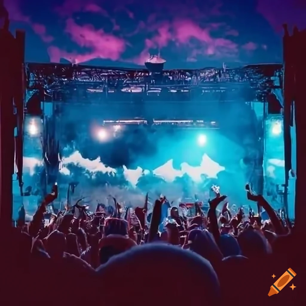 Outdoor rock concert with the crowd facing the stage on Craiyon