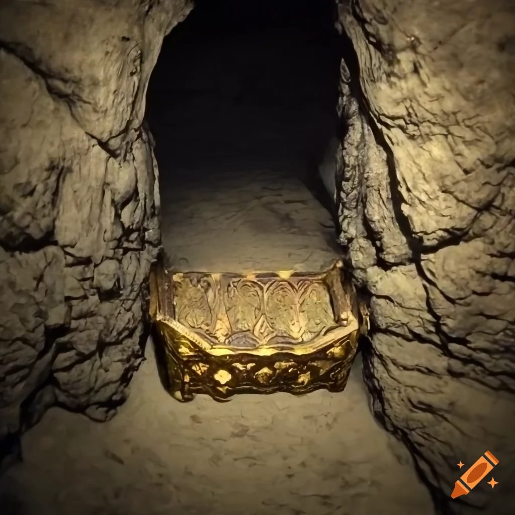 Very old small golden chest in a dark and narrow cave on Craiyon