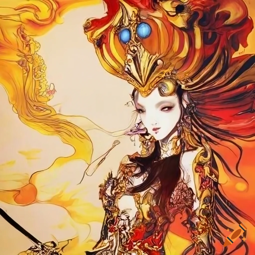 Imperial fire queen with armored majesty and flowing golden hair in ...