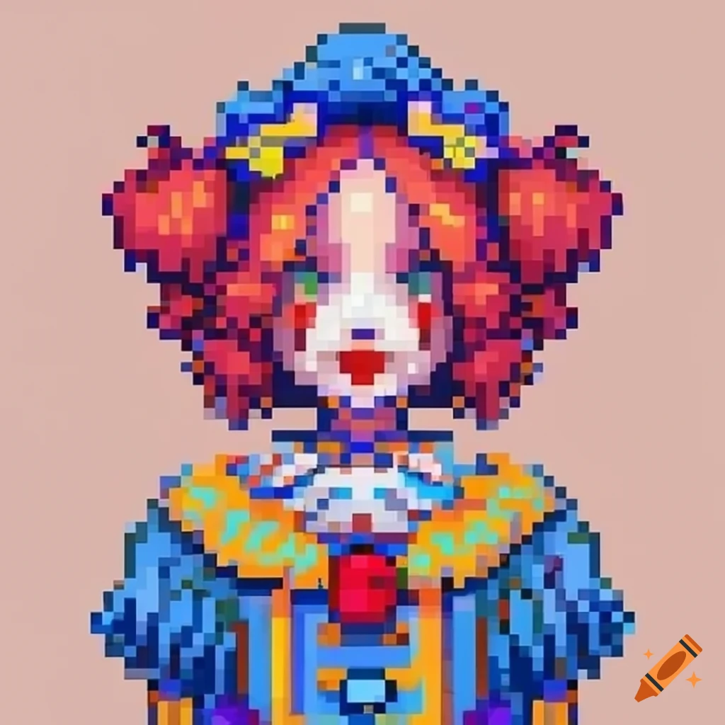 Vibrant pixel art of a cute clown girl on Craiyon