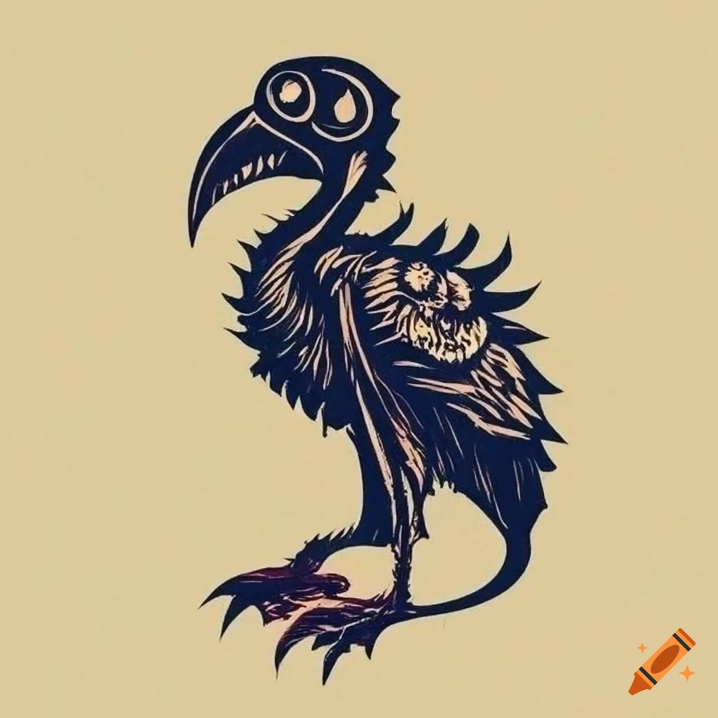 Monster bird in a woodcut style on Craiyon