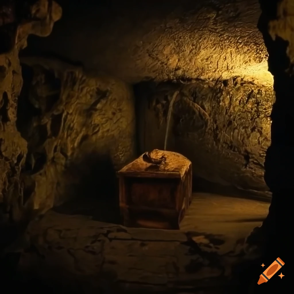 Very old small golden chest in a dark and narrow cave on Craiyon