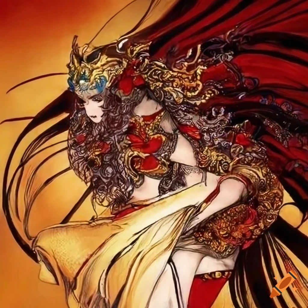 Queen with flowing golden hair and legendary dress in yoshitaka amano art style on Craiyon
