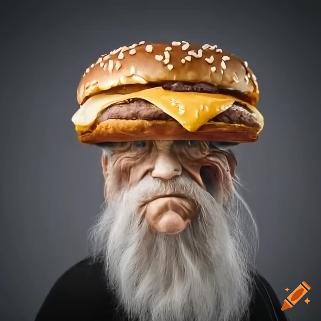 Eccentric man with a cheeseburger balanced on his head on Craiyon