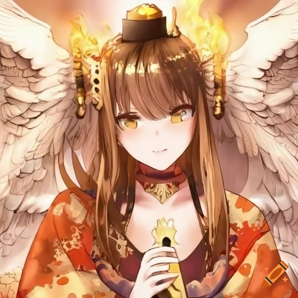 Anime ancient Joseon wise queen with crown of fire in gold kimono on ...
