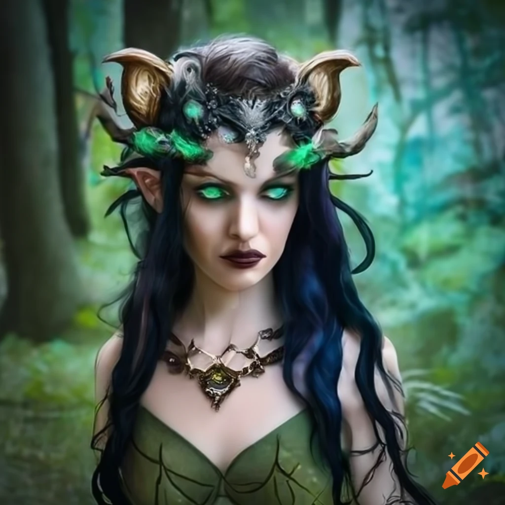 Ethereal druid elf with panther headpiece in enchanted woodland on Craiyon