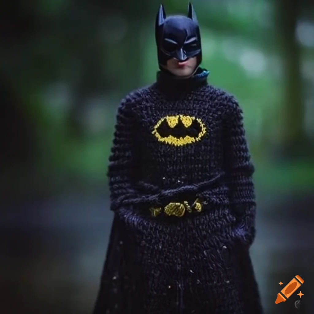 Batman knitting sweaters in the rain on Craiyon