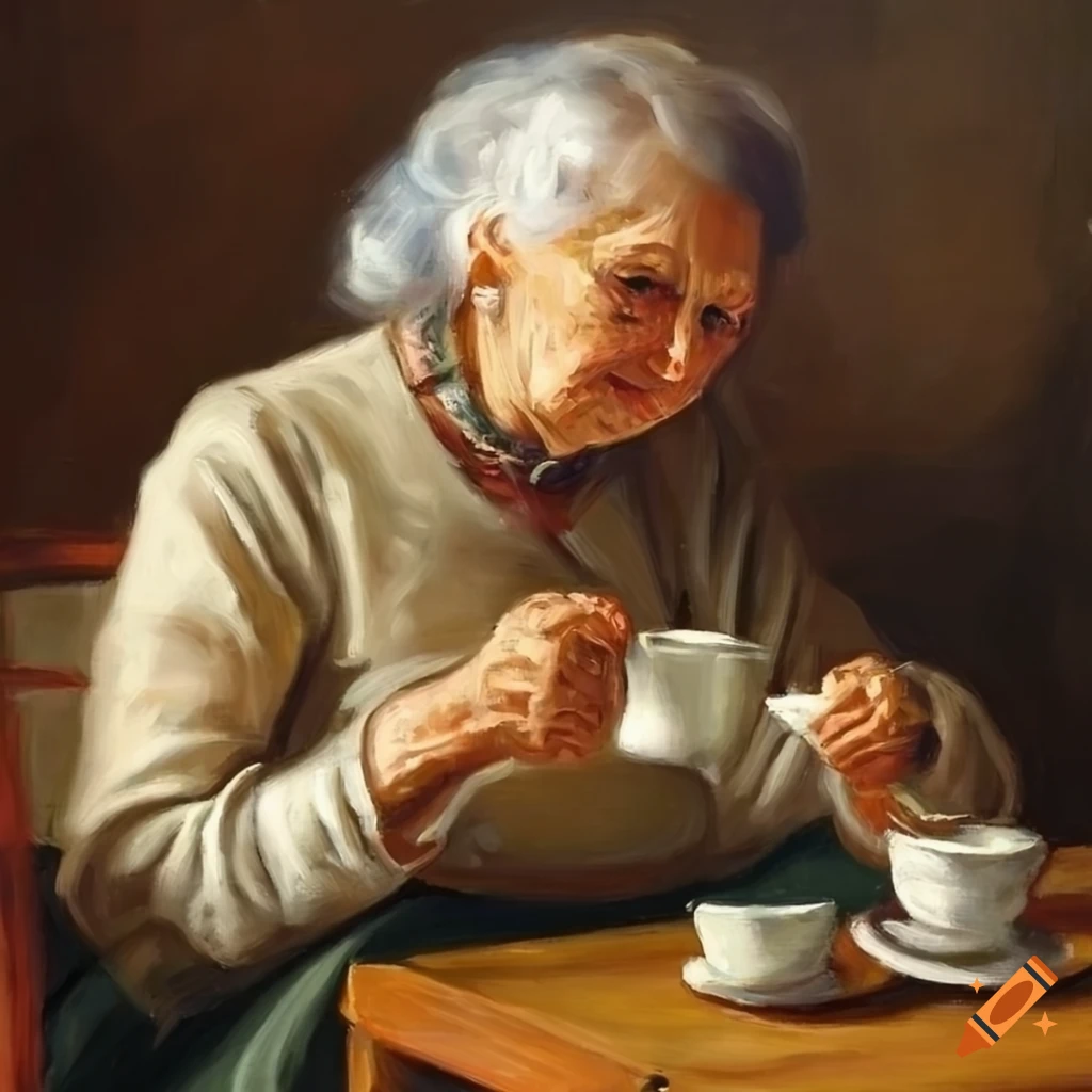 Old lady enjoying tea at the table in an oil painting on Craiyon