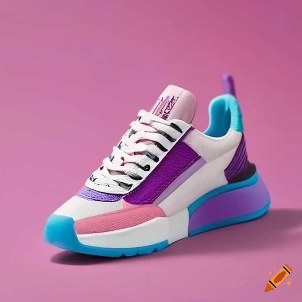 Pink, blue, and purple color block sneaker with white sole on Craiyon