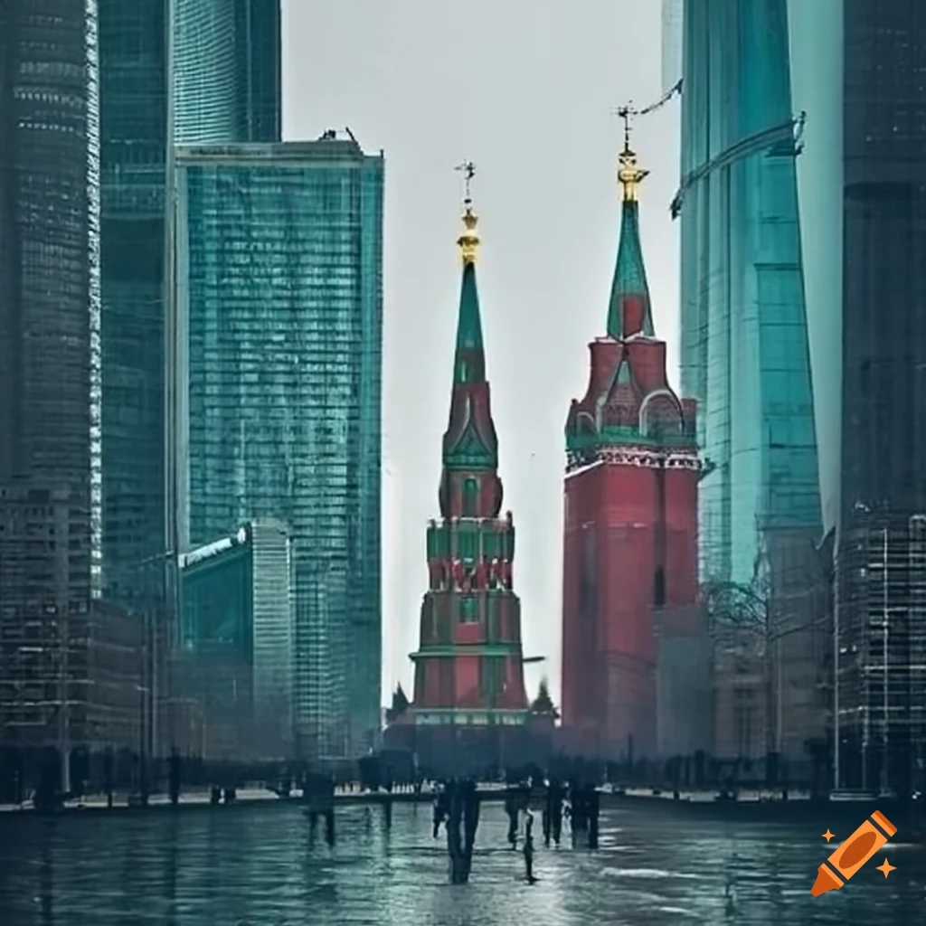 Moscow city skyscrapers with Russian flags and a gloomy atmosphere on ...