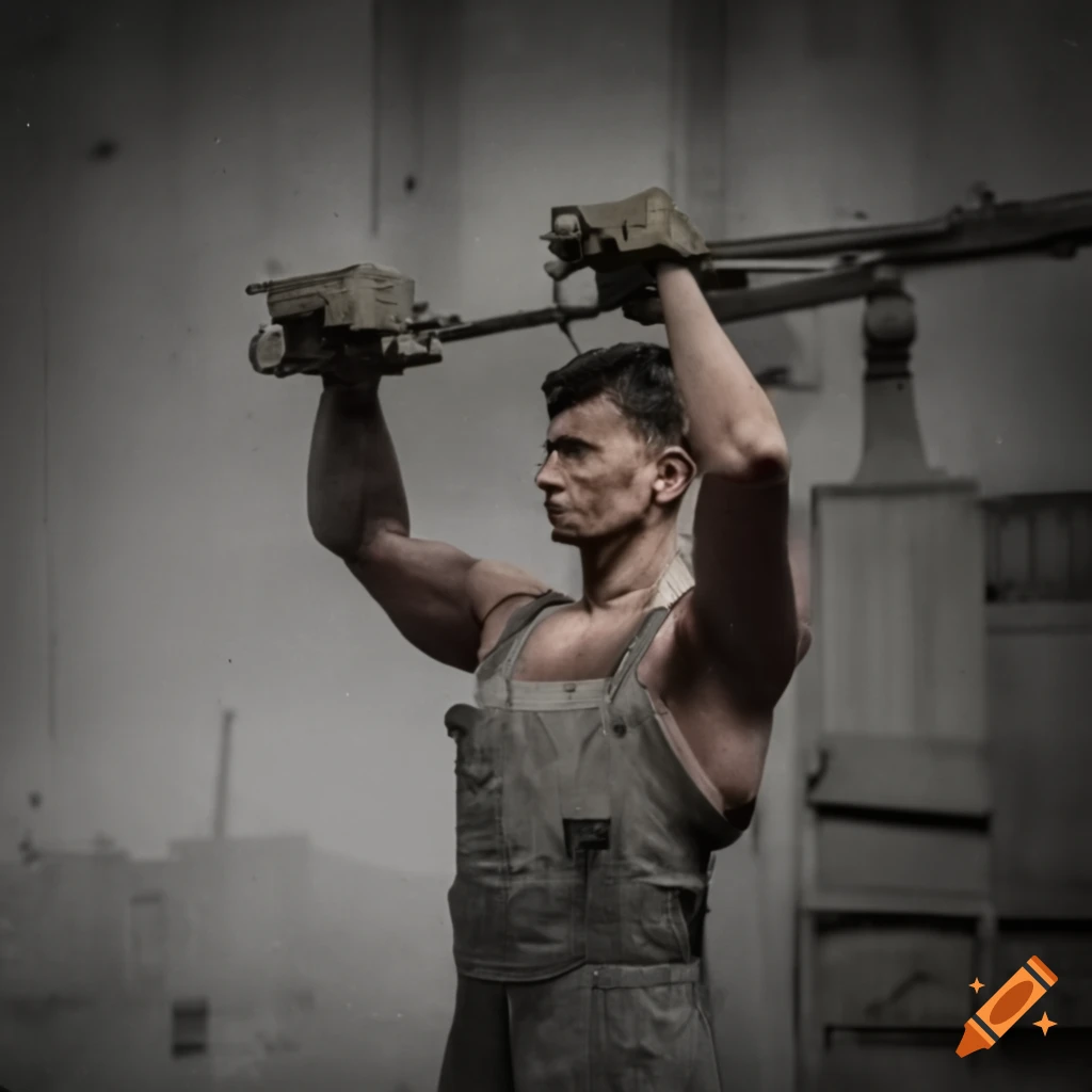 Determined soviet worker lifting heavy machinery in overalls on Craiyon