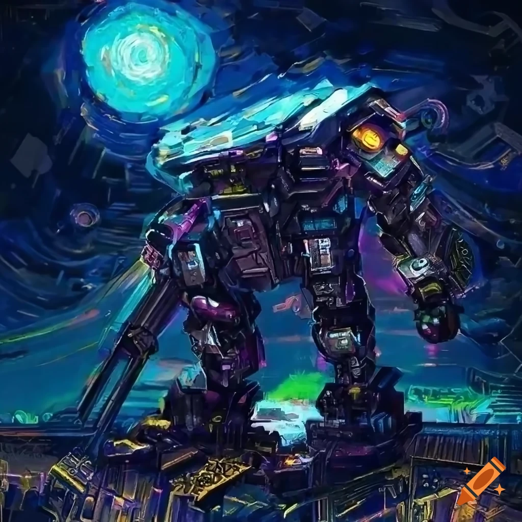 Cyberpunk mech in a starry night theme with intricate details on Craiyon