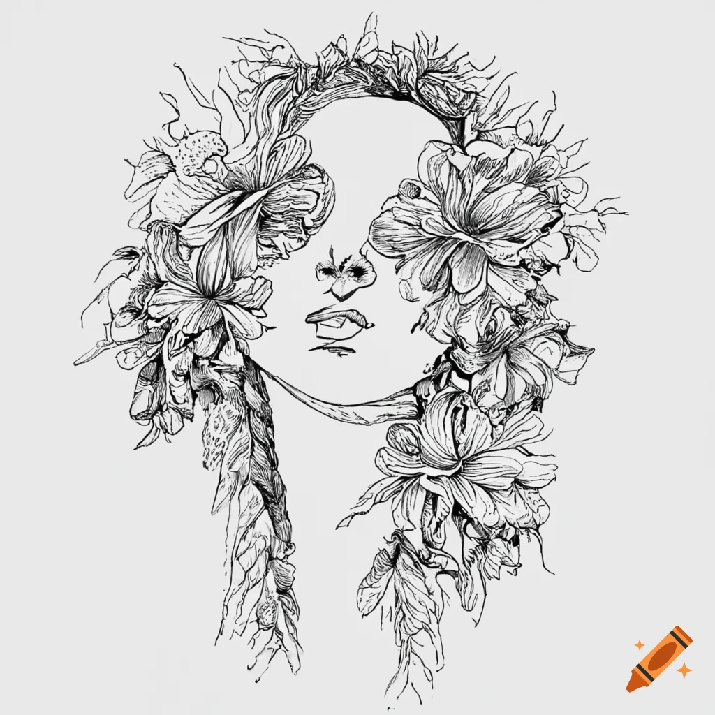 Human covered in flowers in elegant line art style on Craiyon