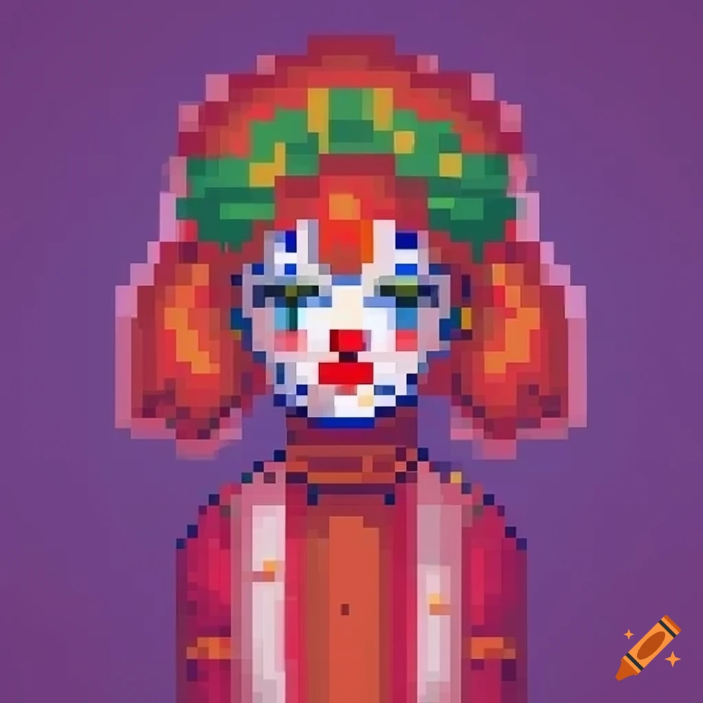 Vibrant pixel art of a cute clown girl in a red suit on Craiyon