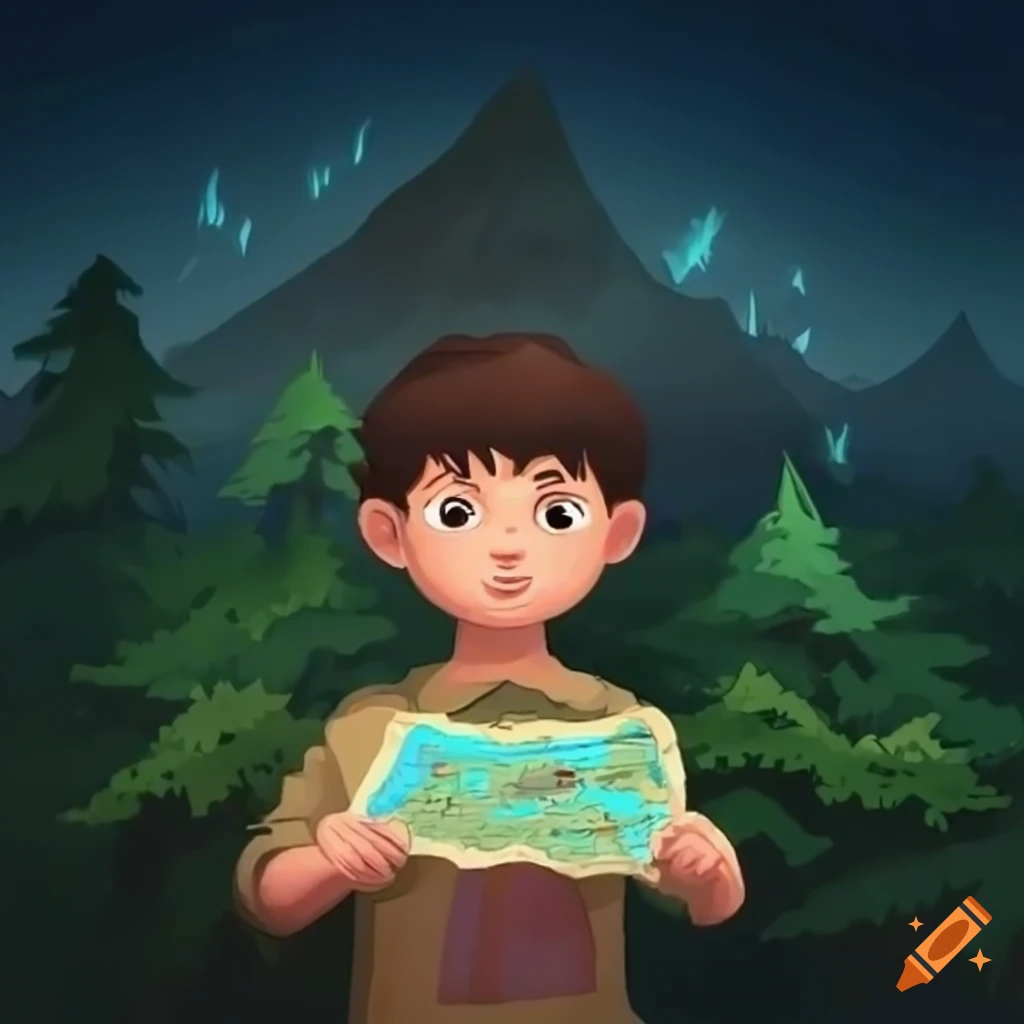 Dark brown haired boy with a treasure map exploring forests and ...