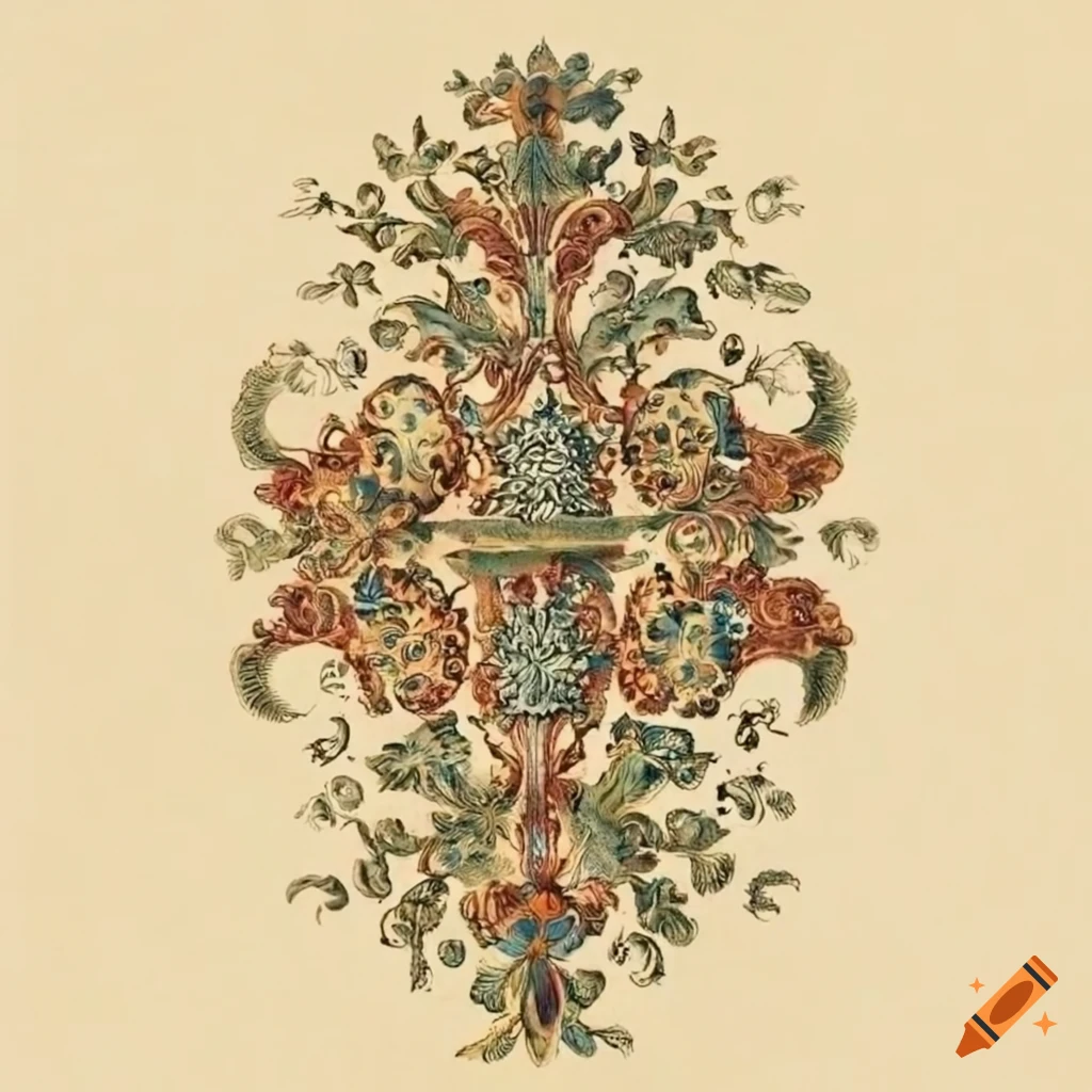 Elaborate illustrations of historical manuscript with intricate floral ...