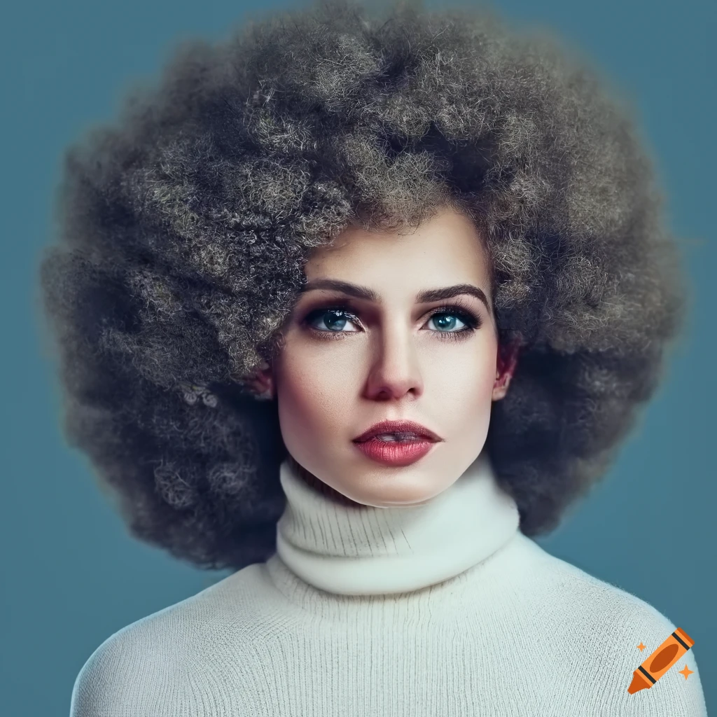 Portrait of a white woman with a massive afro and white turtleneck ...