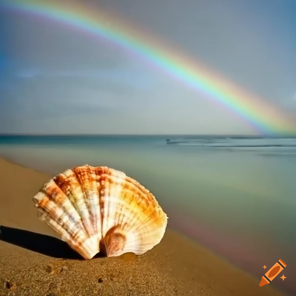 Rainbow over an open seashell on the seashore on Craiyon