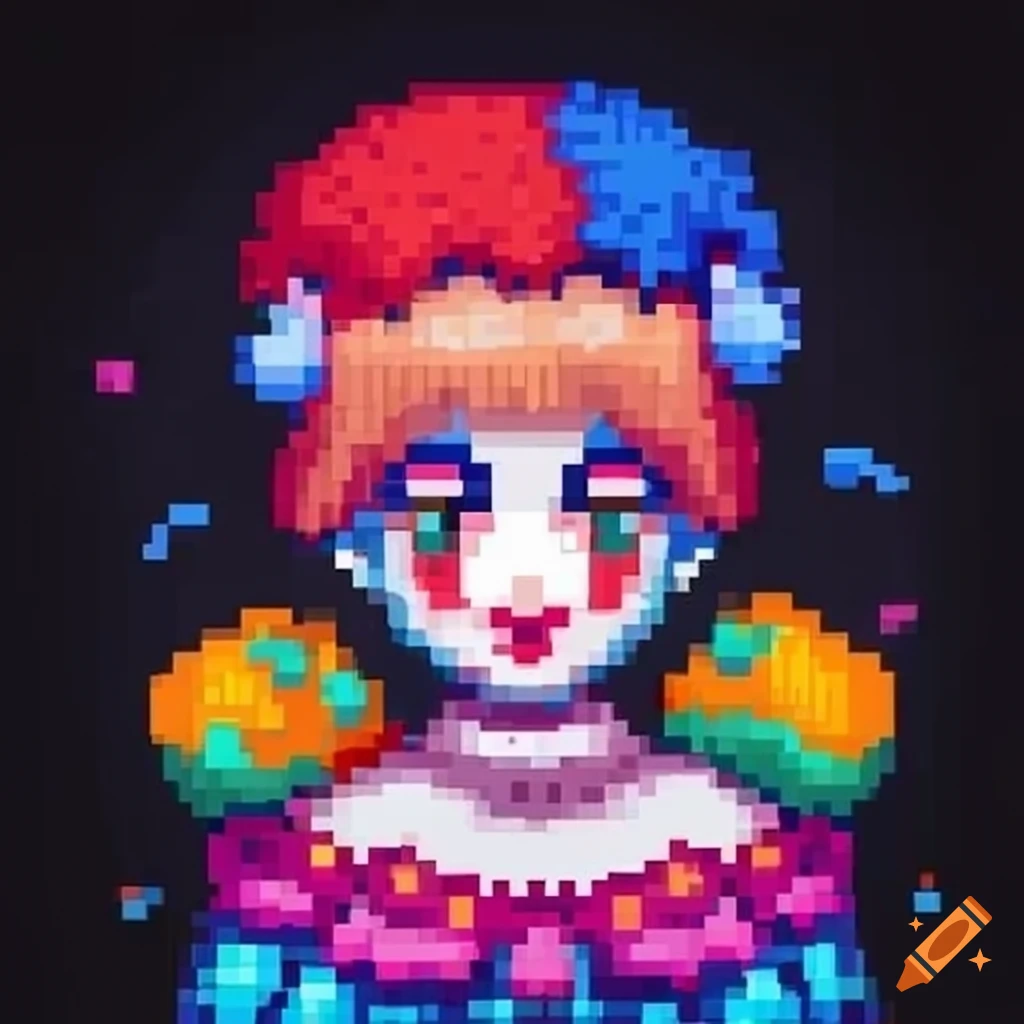 Vibrant pixel art of a cute clown girl on Craiyon