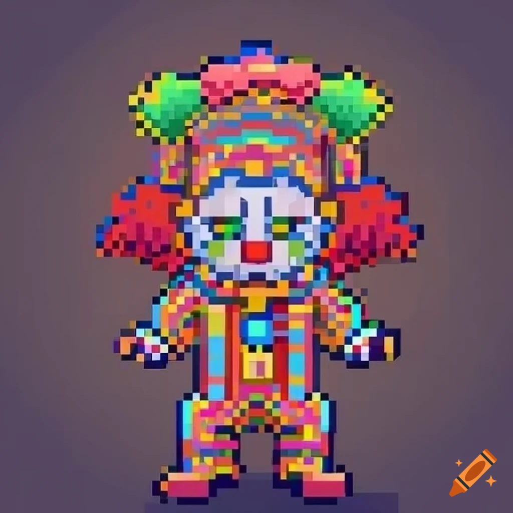 Vibrant pixel art of a cute clown in a red suit on Craiyon