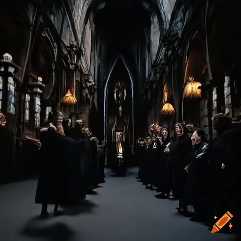 Hogwarts great hall scene with harry potter waving to voldemort on Craiyon