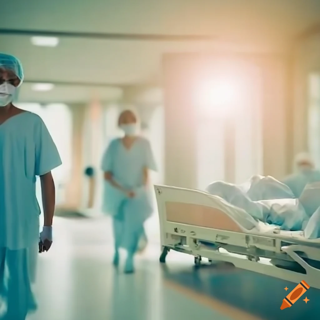 Surgeons moving hospital bed in a sunlit hospital corridor on Craiyon