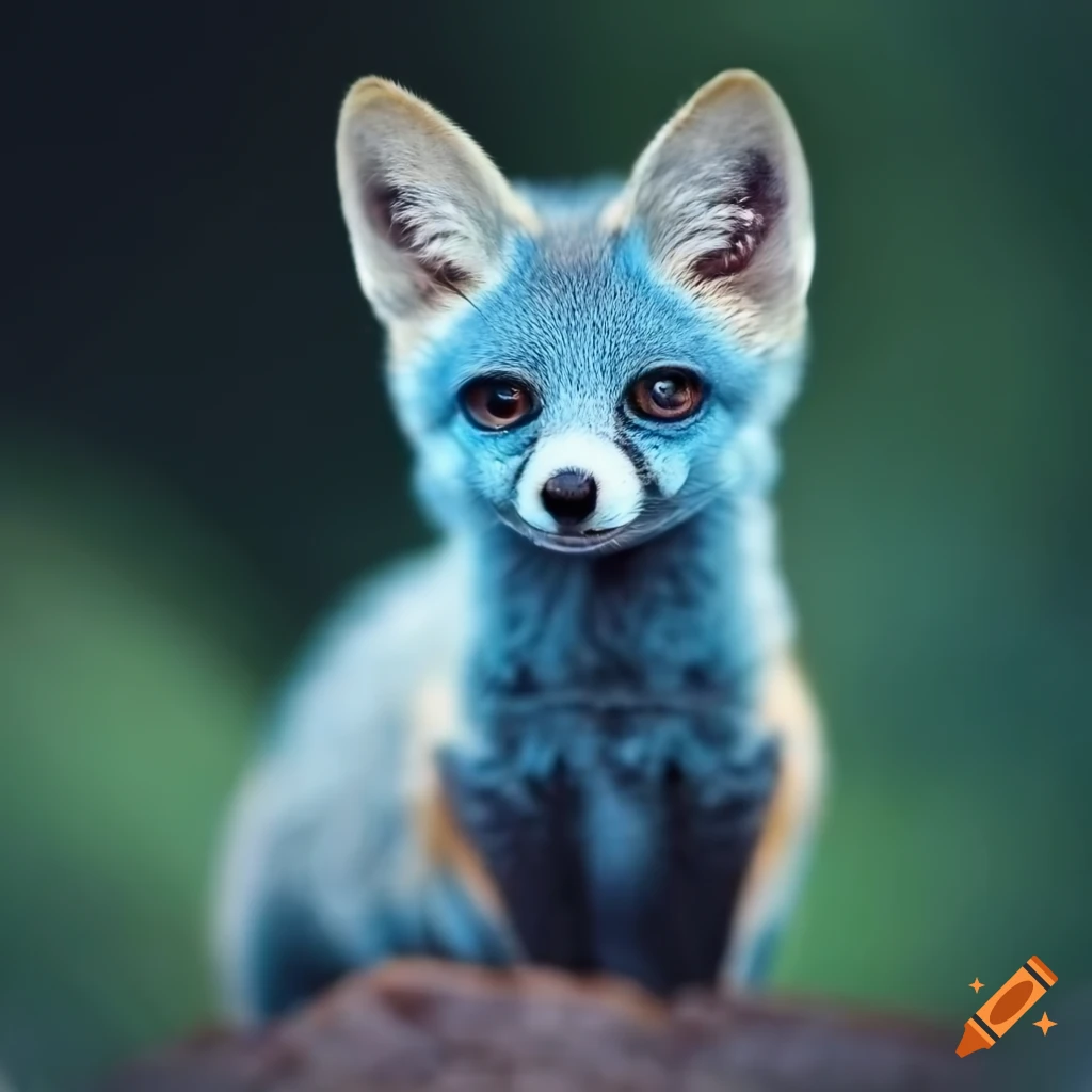 Blue babyfox with big eyes and curled tail on Craiyon