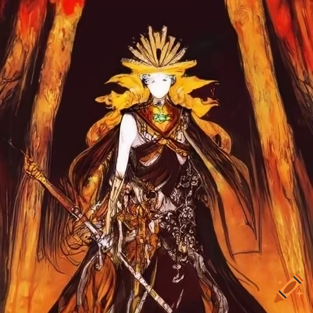 Imperial fire queen armored cleric priestess in yoshitaka amano art ...
