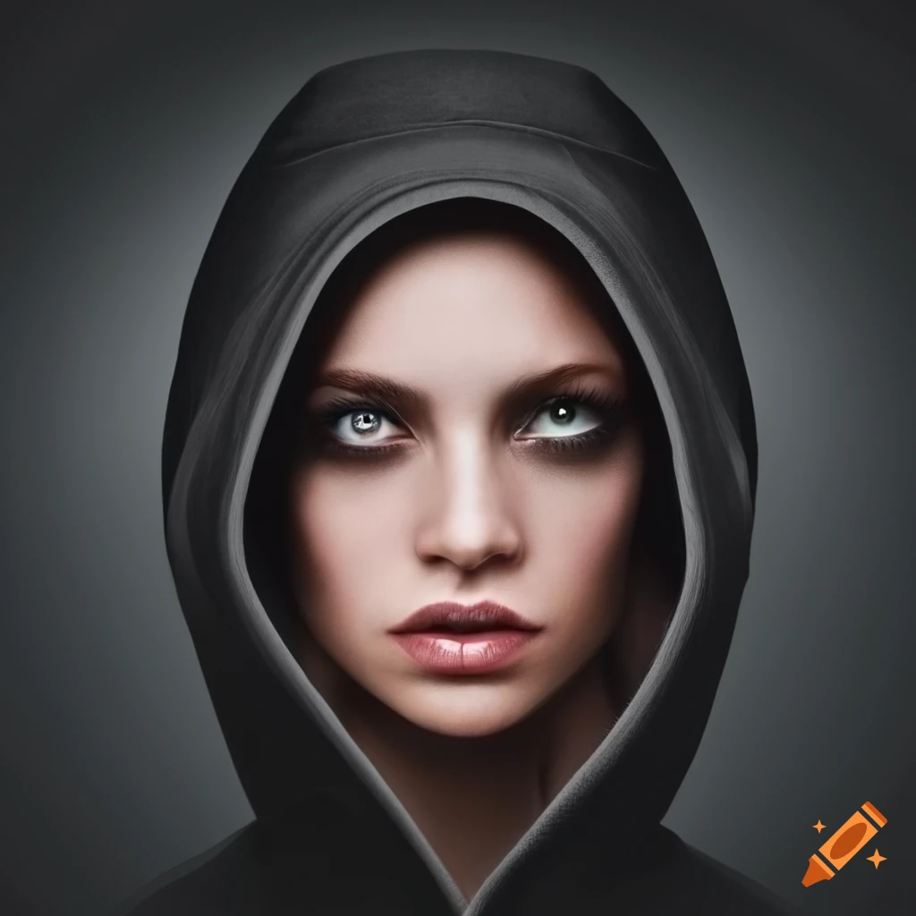 Female hooded face against black background on Craiyon