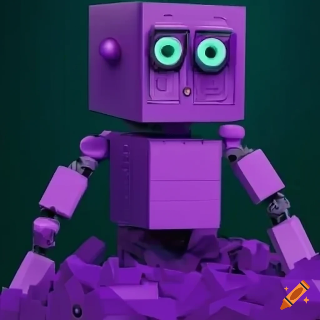 Giant purple robot crushing blocks on Craiyon