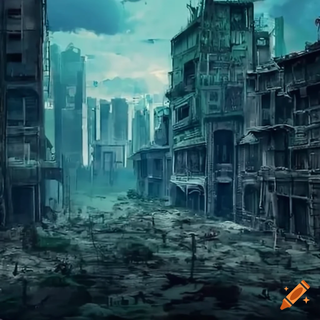 Post-apocalyptic town aerial view in dive position on Craiyon