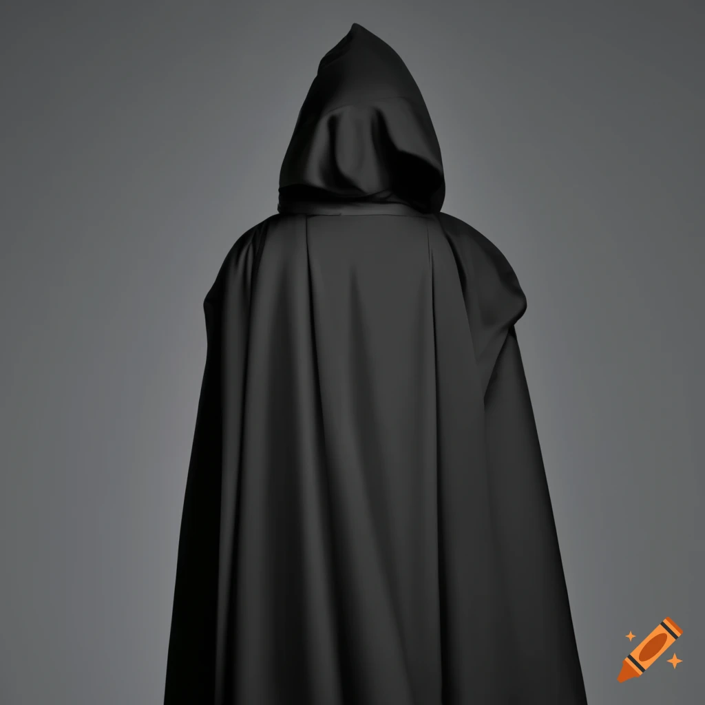 Woman in a black hooded cape from behind on a light background on Craiyon