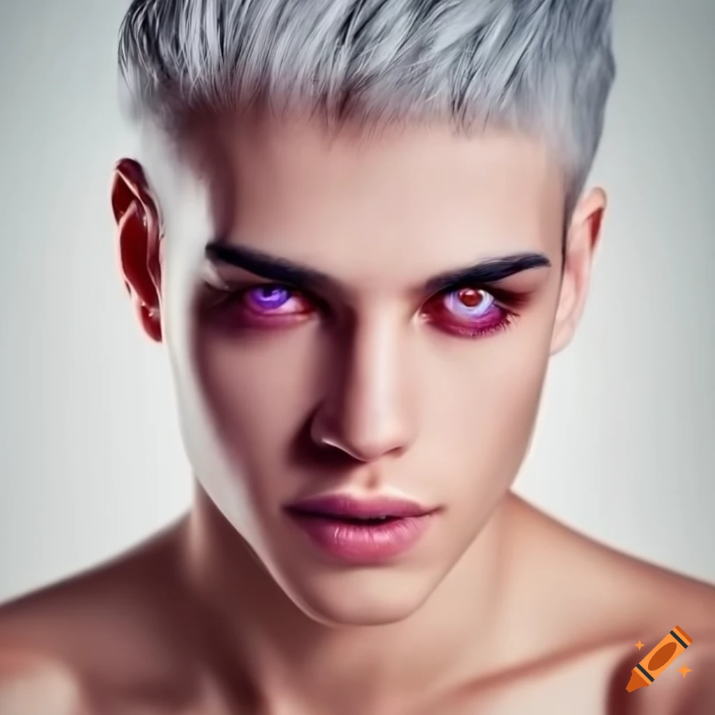 Handsome young man with silver hair and purple eyes on Craiyon