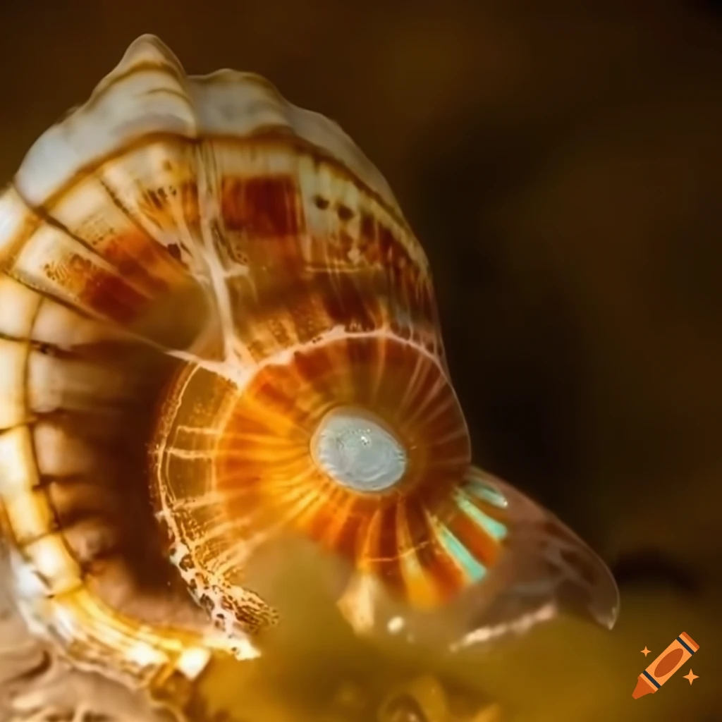 Golden conch shell with feathers under shallow water and ripples on Craiyon