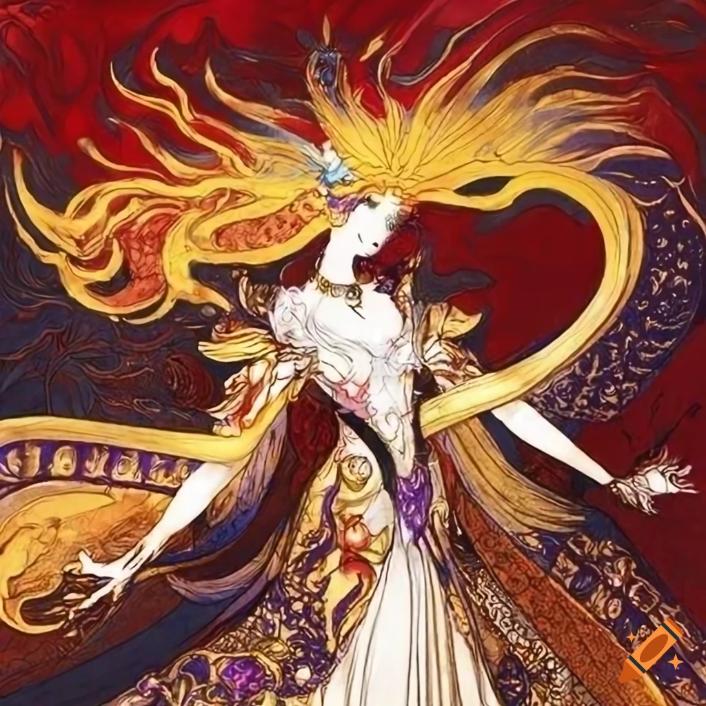 Imperial fire queen with armored majesty and flowing golden hair in ...