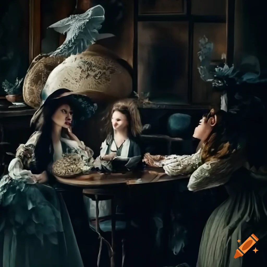 Victorian-era cafe scene with elegant hats and chaotic elements on Craiyon