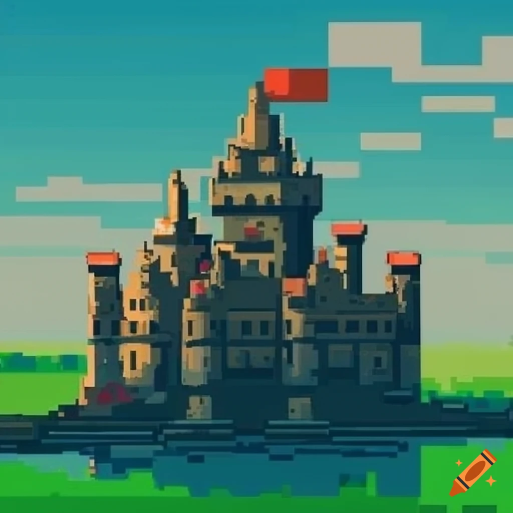 Pixelated retro-style castle with flags flying and moat on Craiyon