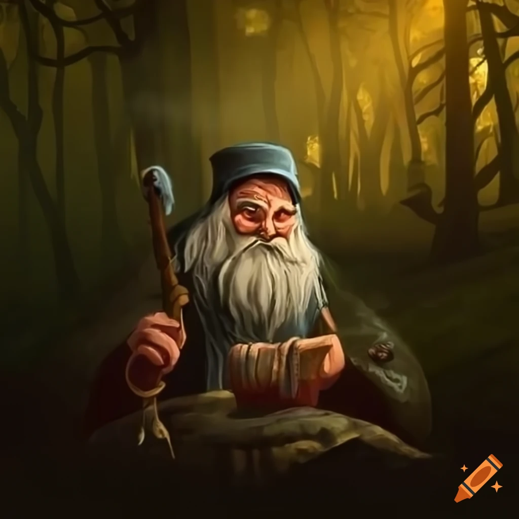 Dwarf wizard smoking in a mystical forest on Craiyon