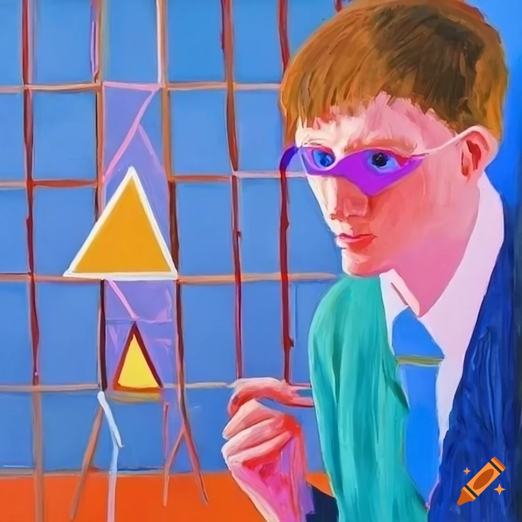 Young men and prism in a living room in David Hockney style on Craiyon