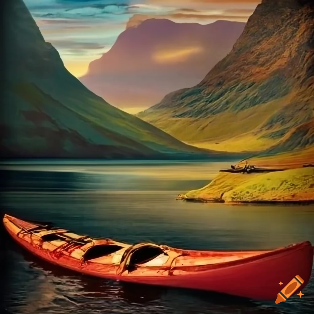 Vivid collage with kayak, antique books, and Scottish highlands on Craiyon