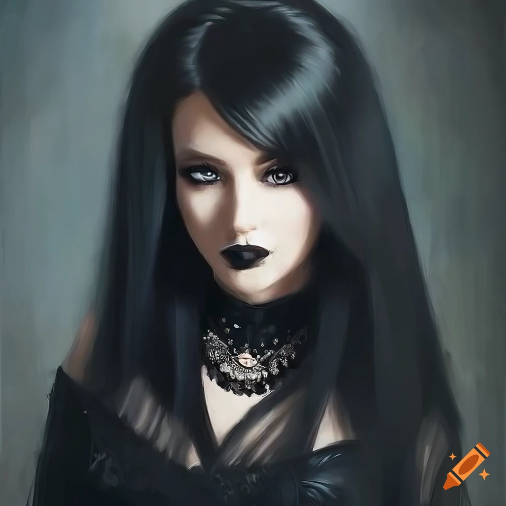 Gothic girl with black hair in a striking digital painting by various artists on Craiyon
