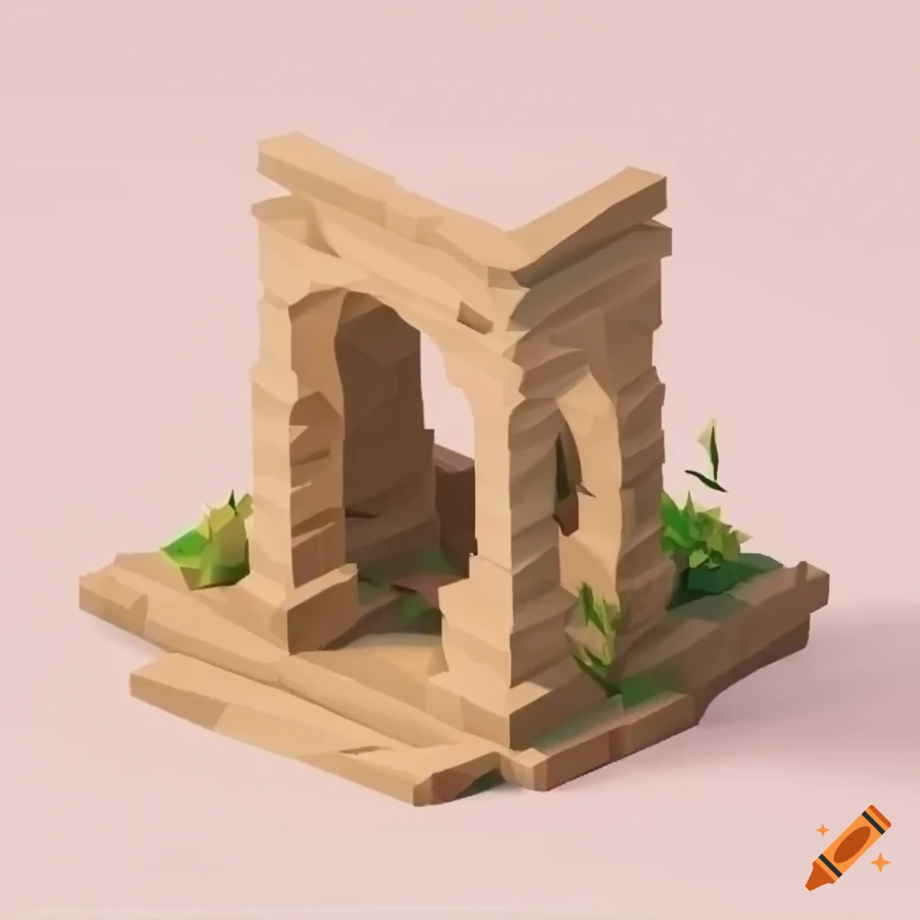 Low poly greek ruins with vines in a sandstone isometric style on Craiyon